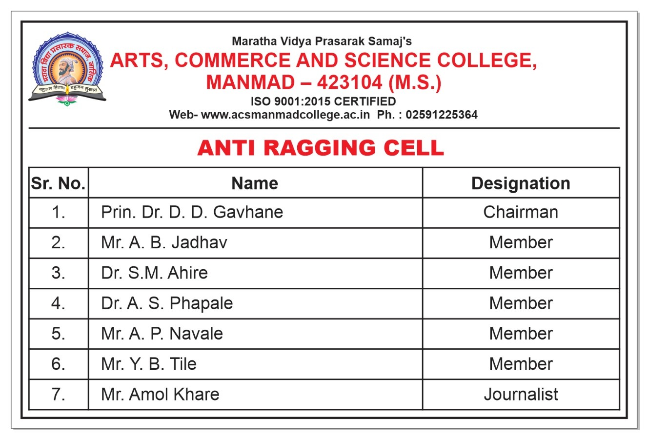 Anti Ragging Cell – MVPS's Arts, Commerce & Science College, Manmad